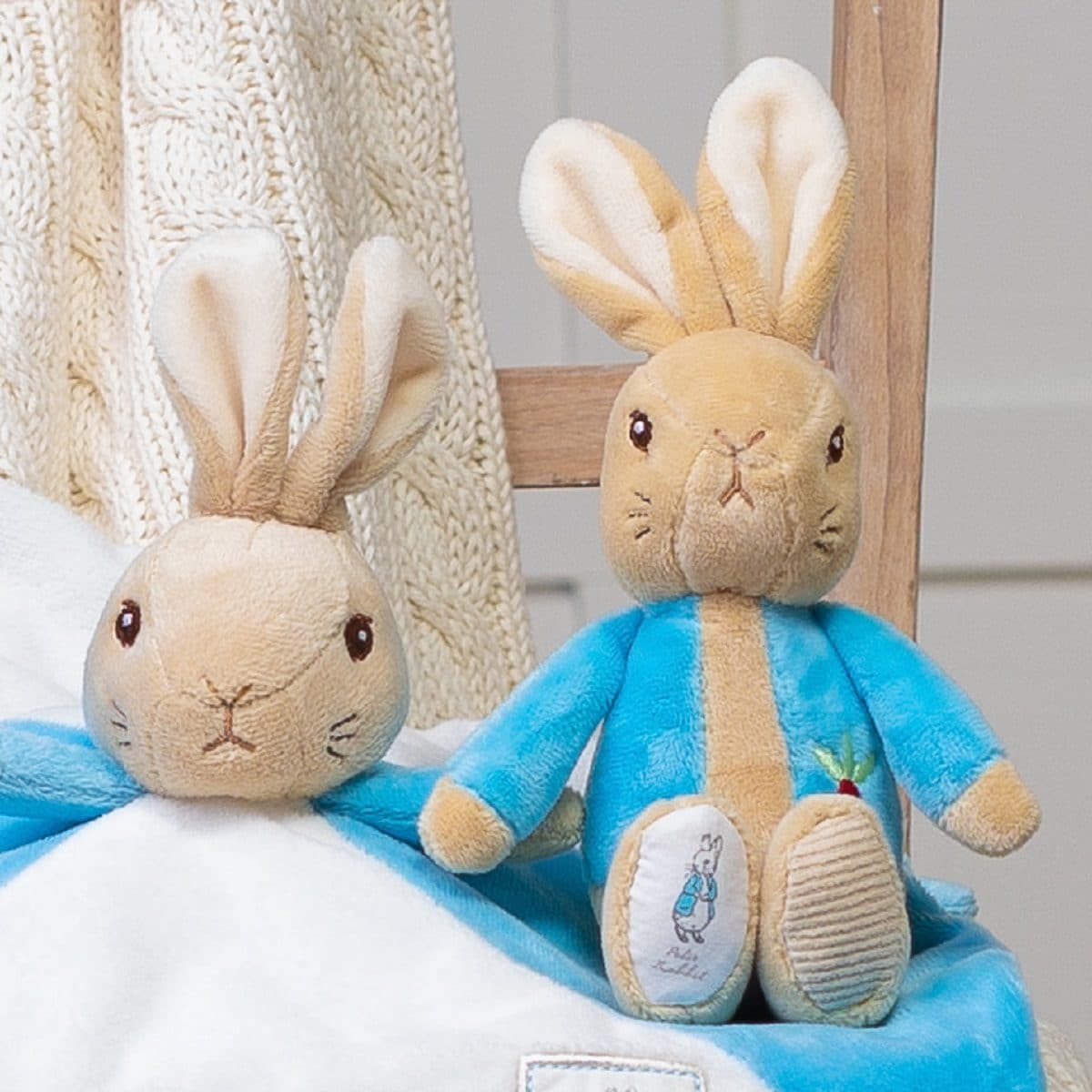Peter rabbit personalised blue baby comfort blanket and soft toy rattle ...