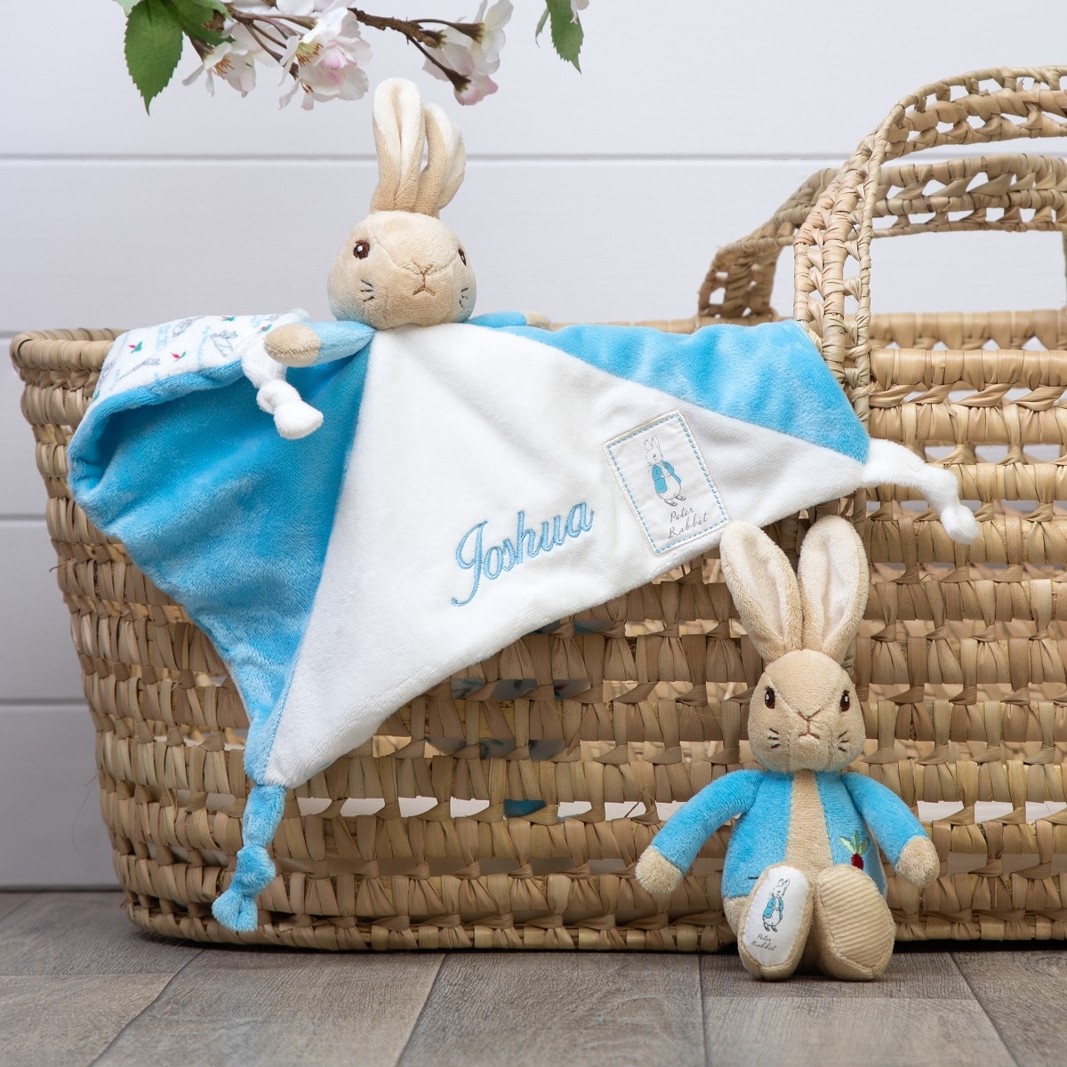 Peter rabbit personalised blue baby comfort blanket and soft toy rattle ...