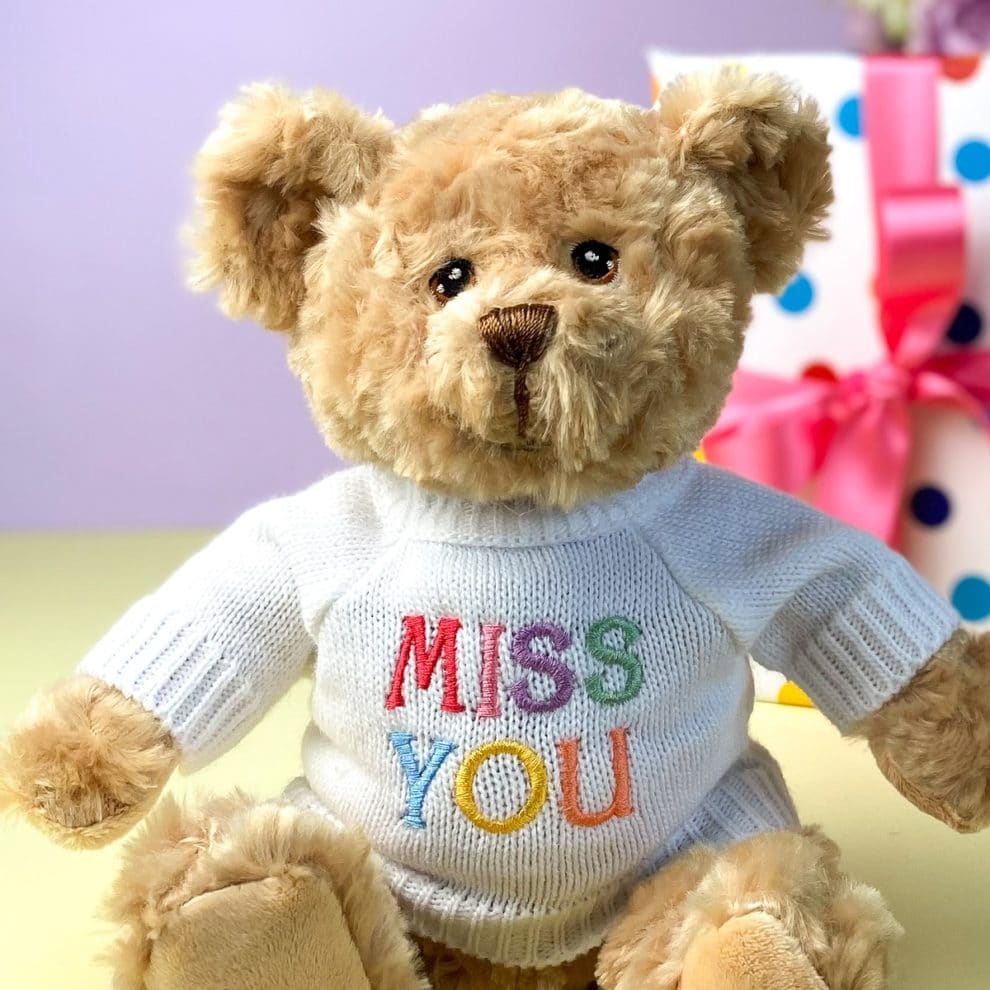 Keeleco recycled small Dougie gift bear soft toy with 'Miss You' jumper ...
