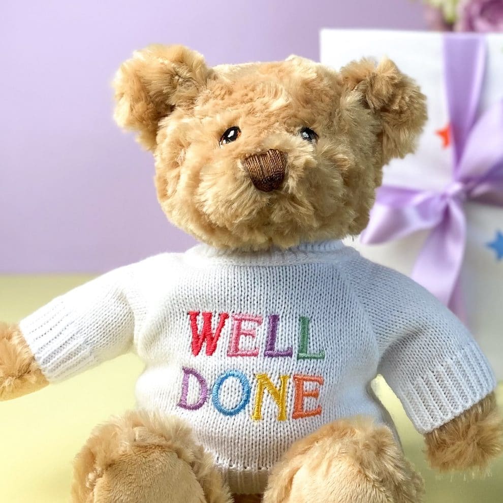 Keeleco recycled small Dougie gift bear soft toy with 'Well Done ...