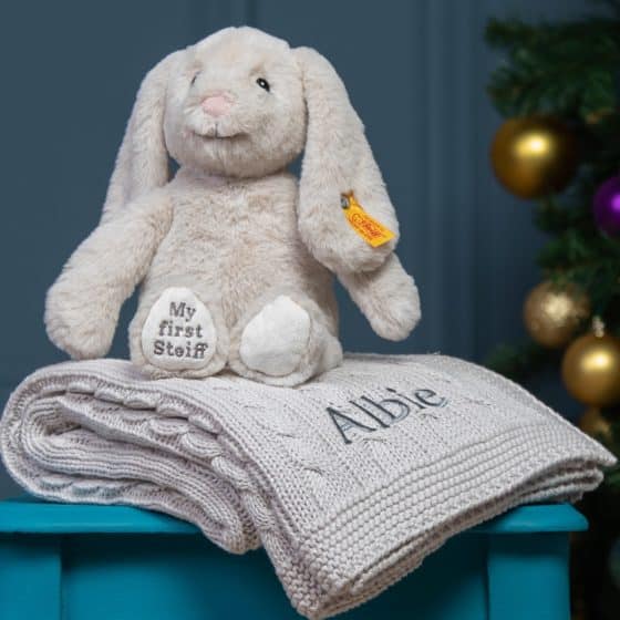 Peter rabbit personalised blue baby comfort blanket and soft toy rattle ...