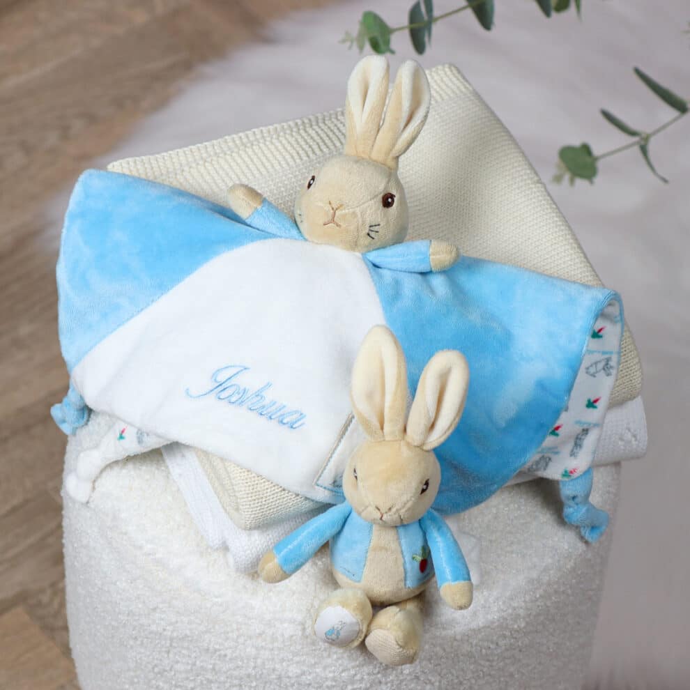 Toffee Moon personalised luxury cable baby blanket and Peter Rabbit ...