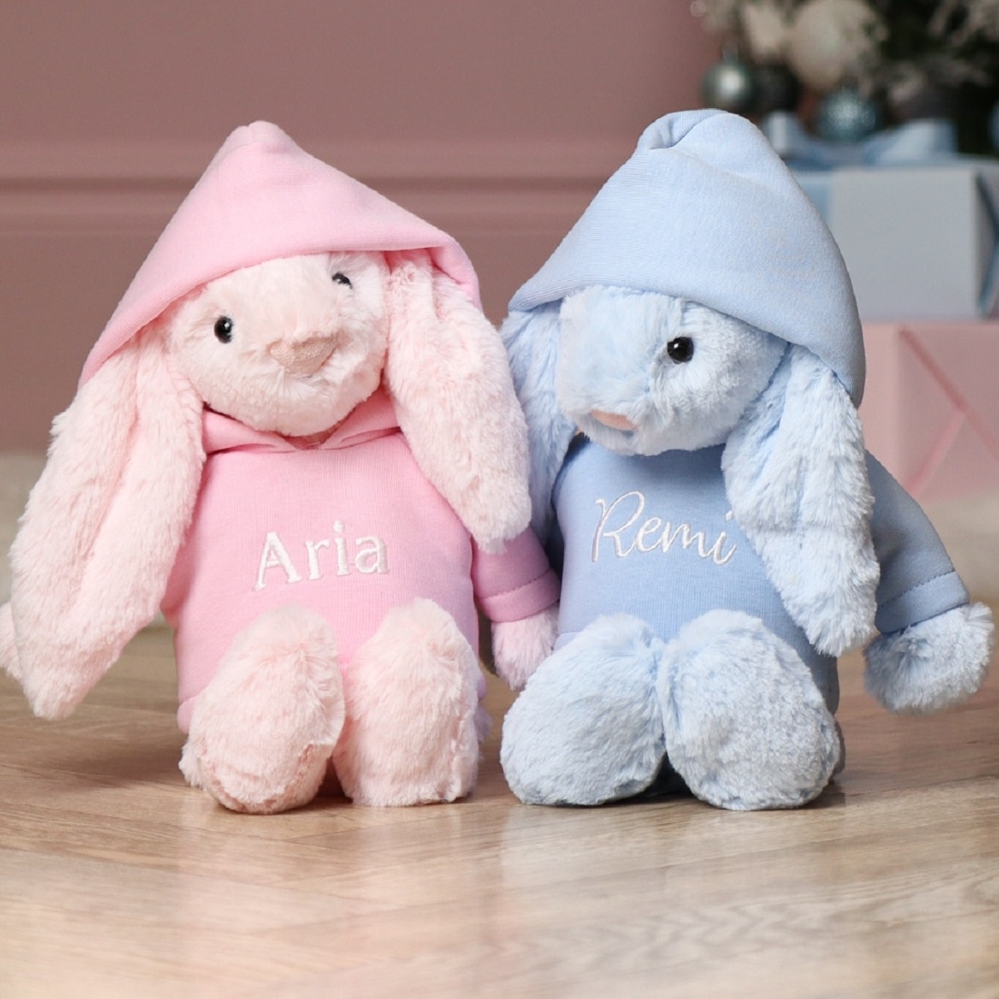 Personalised Jellycat medium pink or blue bashful bunny soft toy with pastel hoodie That s mine